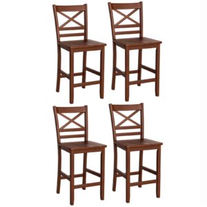 COSTWAY Bar Stools Set of 4, 25'' Antique Kitchen Counter Height Chairs with Wooden X-shaped Backrest & Rubber Wood Legs, Suitable for Home, Cafe Store, Restaurant (4)