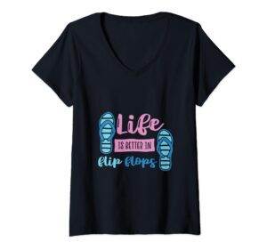 womens life is better in flip flops summertime vacation summer sun v-neck t-shirt