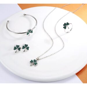 Shamrock St. Patrick's Day Necklace Earrings Ring Bracelet Jewelry Set Green Three Leaf Heart Clover Jewelry Gift for Women (Silver)