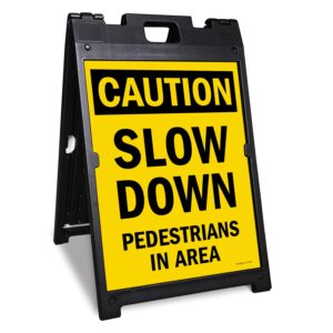 smartsign 24 x 18 inch “caution - slow down, pedestrians in area” two-sided babyboss a-frame sign kit, plastic, black and yellow (1 a-frame + 2 sign panels), made in usa