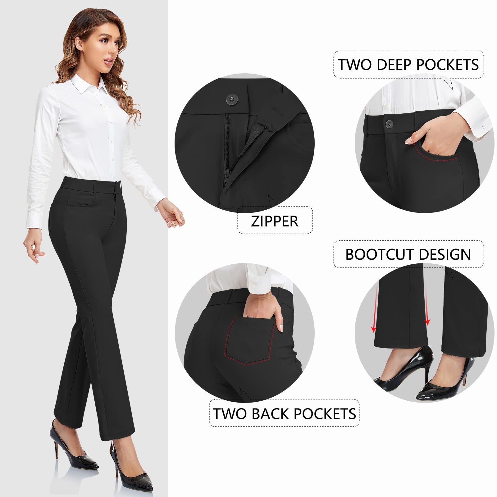 HISKYWIN Womens Dress Pants Stretch Work Office Business Slacks Comfy Yoga Golf Pants with Pockets HF838-Black-S