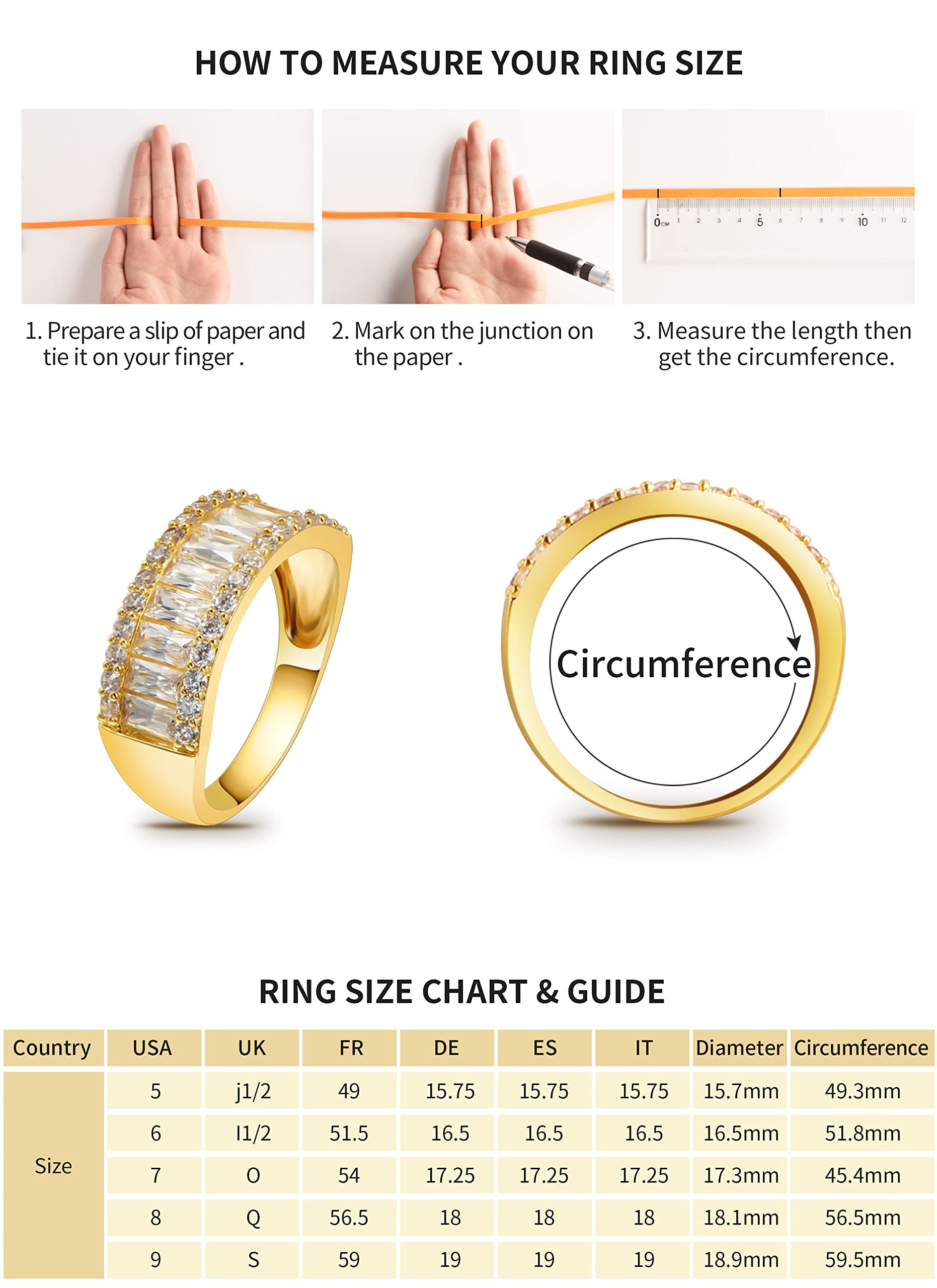 Beutirer Wedding Rings for Women, 18K Gold Plated Promise Wedding Band for Women, 3-Row Round and Baguette Emerald Cut Cubic Zirconia Engagement Rings, Anniversary Rings, Gold Rings for Women Size 5-9