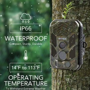 ZETHUS 2.7K 20MP Trail Camera, Game Camera with Night Vision 0.2s Trigger Time 120° 100ft Motion Activated, IP66 Waterproof Hunting Camera 2.8”LCD Screen and Rechargeable Power for Wildlife Monitoring