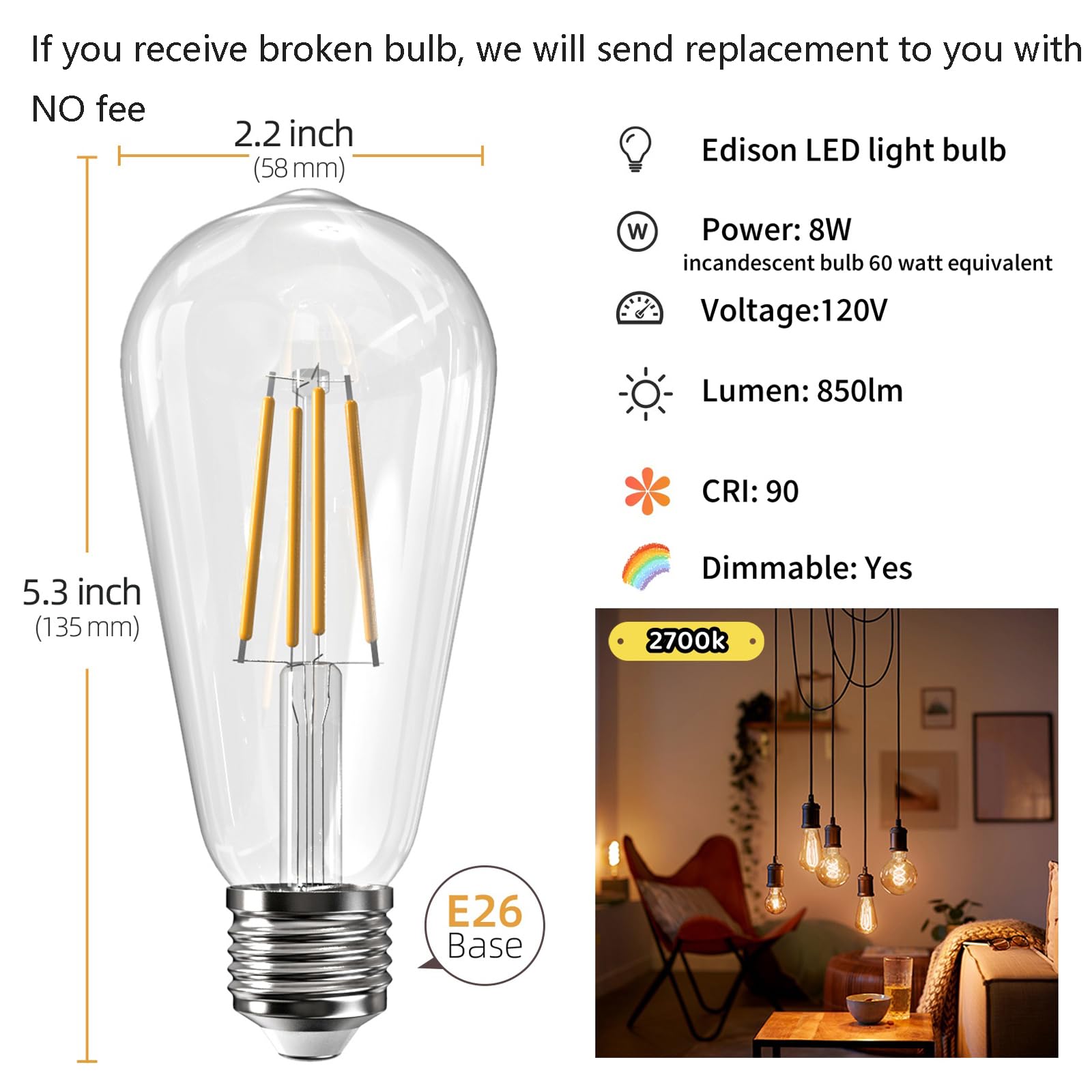 LED Edison Bulb E26 60 watt Light Bulbs Equivalent Dimmable 8W LED Bulb 2700K Warm White 800 Lumen Vintage LED Filament Bulbs Replacement Bulb for Kitchen Light Vanity Light Room Light, 6 Pack