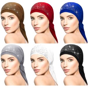 geyoga 6 packs rhinestone head scarf stretchy head wrap women bandana beanie pre tied durag turban cap skull cap headbands(vivid colors)