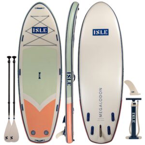 isle megalodon inflatable stand up paddle board & isup bundle accessory pack - up to 1,050 lbs capacity — durable, lightweight, stable — 12' l x 45" w x 8" or 15' l x 56" w x 8" (seafoam/peach, 15')