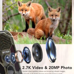 ZETHUS 2.7K 20MP Trail Camera, Game Camera with Night Vision 0.2s Trigger Time 120° 100ft Motion Activated, IP66 Waterproof Hunting Camera 2.8”LCD Screen and Rechargeable Power for Wildlife Monitoring