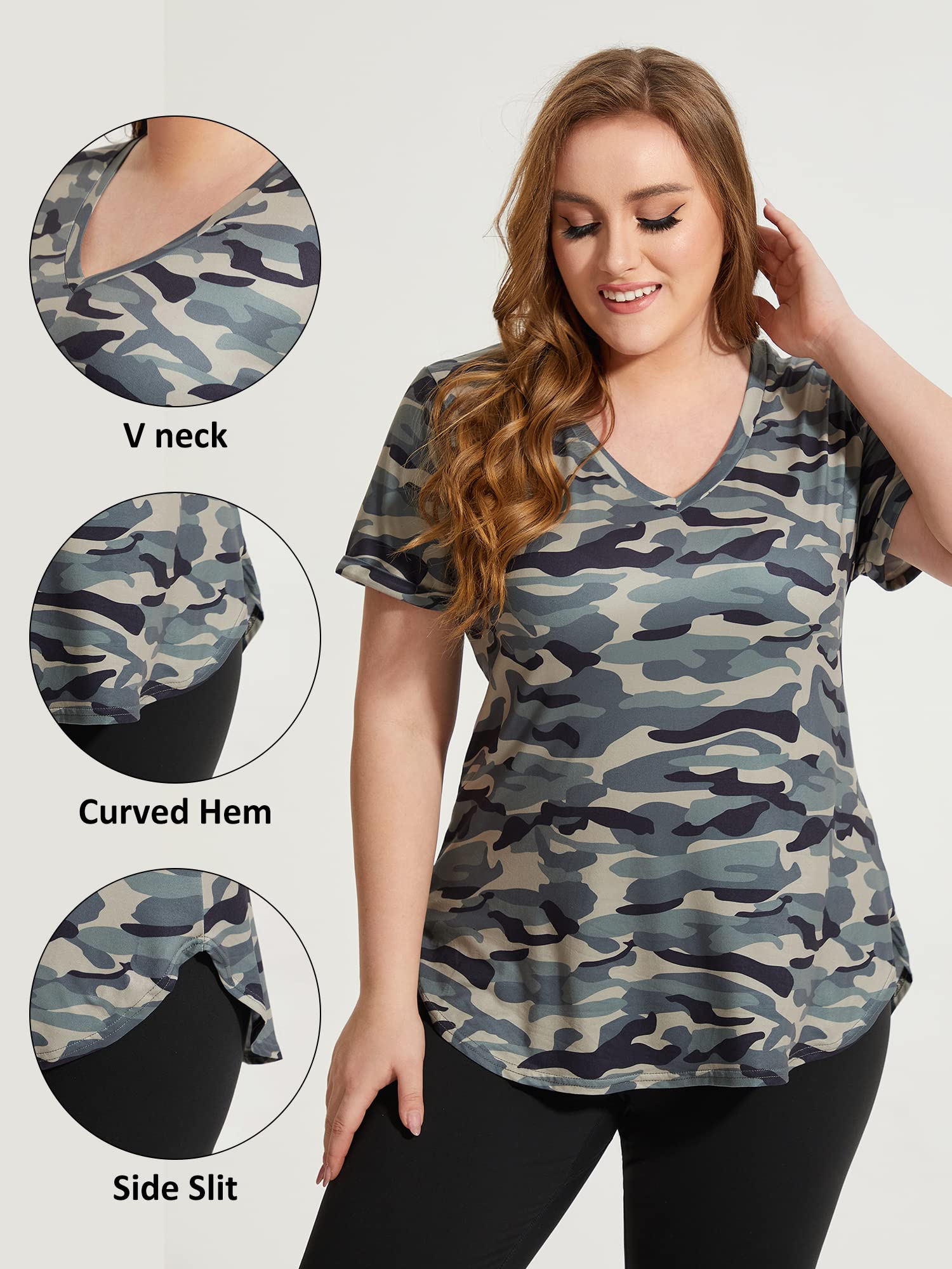 FOREYOND Plus Size Workout Tops for Women T Shirts Loose Fit V Neck Clothing Yoga Casual Summer Tie Dye Military Green 3X