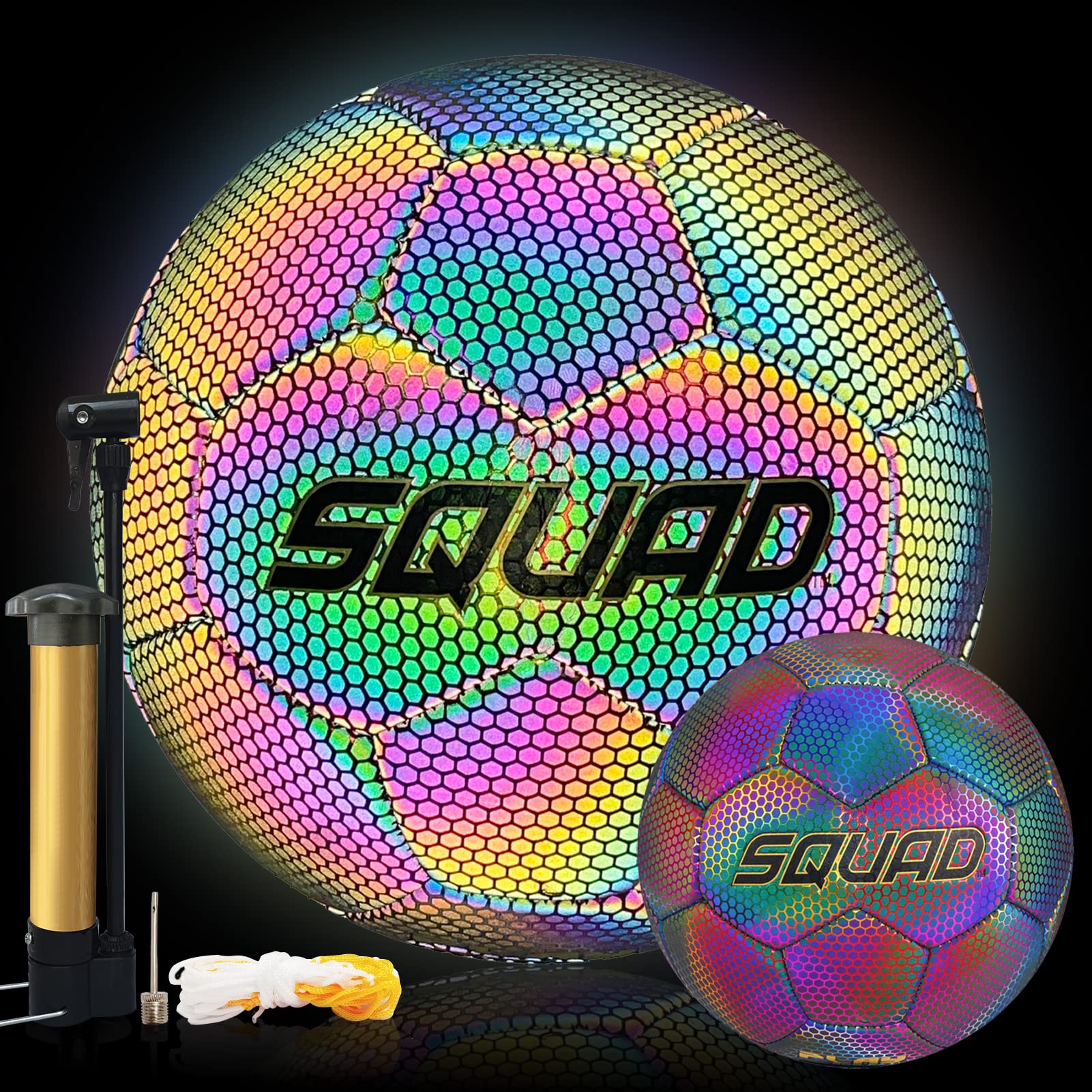 SQUAD Holographic Reflective Soccer Ball Size 5 - Reflective Glowing Ball for Night Games & Training - Durable PU Leather and Rubber Airbags - Cool & Unique Gift for Soccer Fans