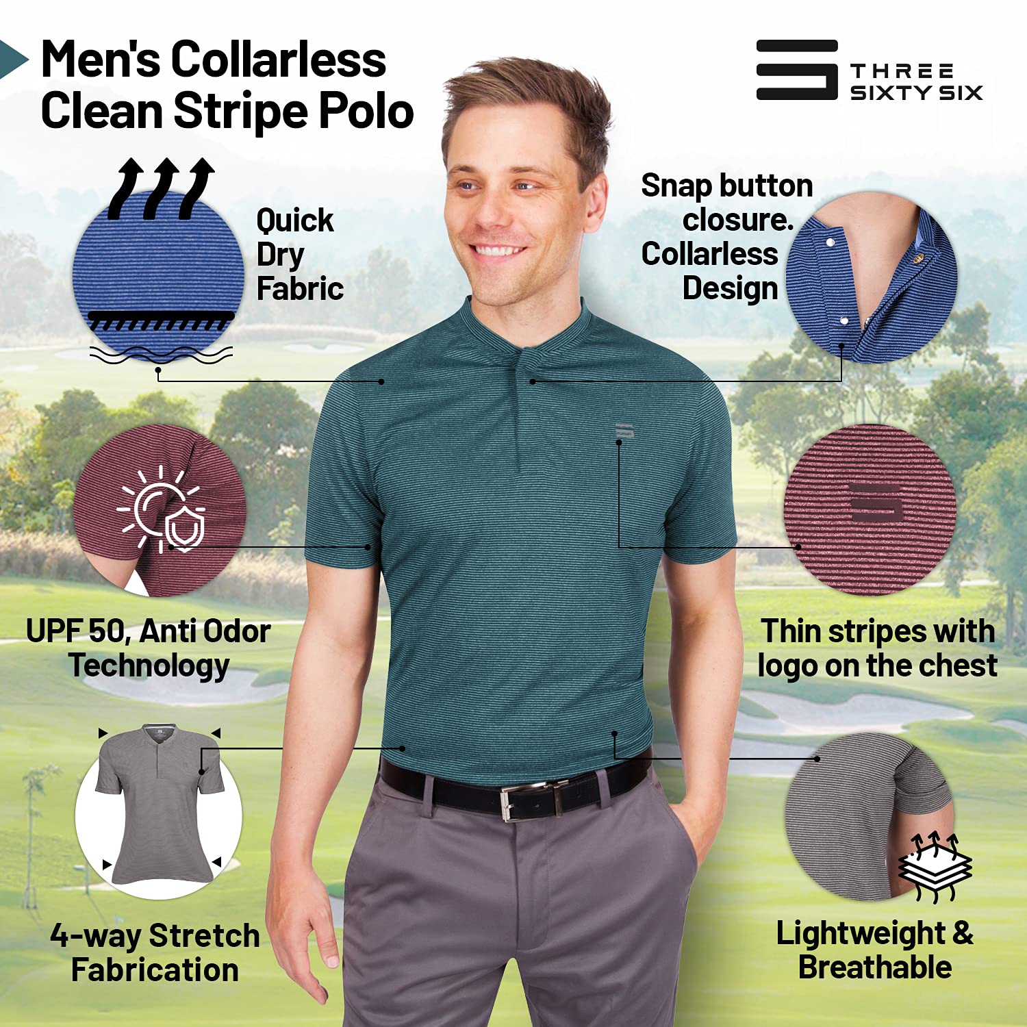 Three Sixty Six Quick Dry Collarless Golf Shirts for Men - Short Sleeve Casual Polo, Stretch Fabric Marine Navy