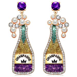 cealxheny champagne earrings pearl rhinestone champagne bottle earrings for women wine bottle drop dangle earrings holiday party celebration earrings (mardi gras color)