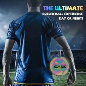 SQUAD Holographic Reflective Soccer Ball Size 5 - Reflective Glowing Ball for Night Games & Training - Durable PU Leather and Rubber Airbags - Cool & Unique Gift for Soccer Fans