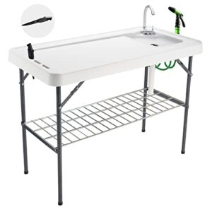 avocahom folding fish cleaning table portable camping sink with faucet drainage hose & sprayer outdoor fillet station grid rack knife groove for picnic fishing, black