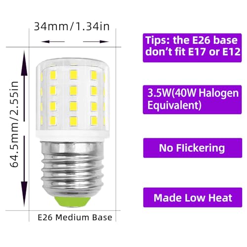 DAPSHU LED AC 100-265v 3.5w Replacement Refrigerator Light Bulb KEI D34l Daylight White 6000K E26 40W Halogen Equivalent 500Lm T10 Corn Medium Screw Base Bulbs Pack of 1