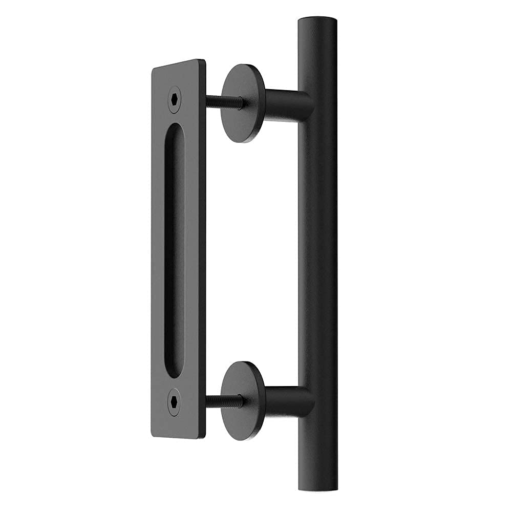 WINSOON 11FT Wood Double Sliding Barn Door Hardware Basic Black Big Spoke Wheel Roller Kit with 2PCS 12 Inch Sliding Barn Door Handles Black Hardware with Pull and Flush Barn Door Handle Set