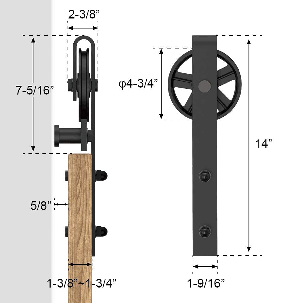 WINSOON 11FT Wood Double Sliding Barn Door Hardware Basic Black Big Spoke Wheel Roller Kit with 2PCS 12 Inch Sliding Barn Door Handles Black Hardware with Pull and Flush Barn Door Handle Set