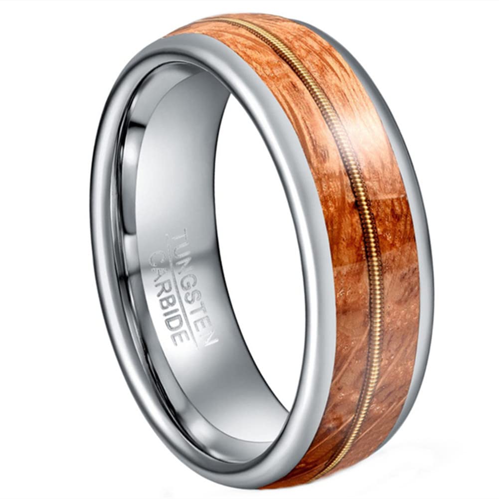 Corato 8mm Guitar Strings Rings Silver Tungsten Wedding Engagement Band Barrel Wood Inlay Size 12