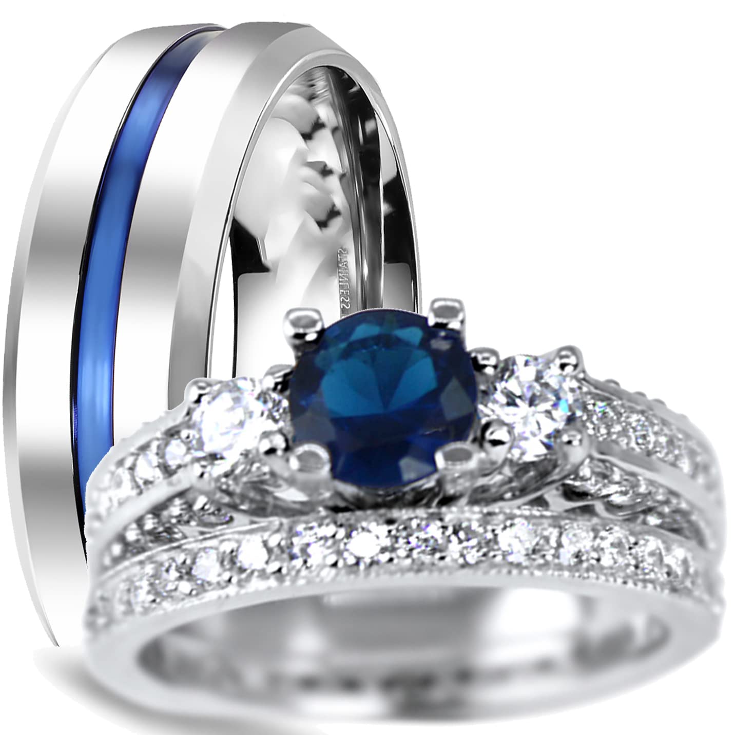 LaRaso & Co His Hers TRIO Wedding Set CZ Bridal Band Engagement Ring Set Him Her Thin Blue Line