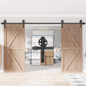 WINSOON 11FT Wood Double Sliding Barn Door Hardware Basic Black Big Spoke Wheel Roller Kit with 2PCS 12 Inch Sliding Barn Door Handles Black Hardware with Pull and Flush Barn Door Handle Set