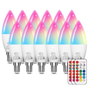 e12 led bulb color changing candelabra light bulb with remote control, 50w incandescent equivalent, 560 lumen,cool white 5000k + 12 colors, 5w e12 small base, decorative chandelier light bulb, 12 pack