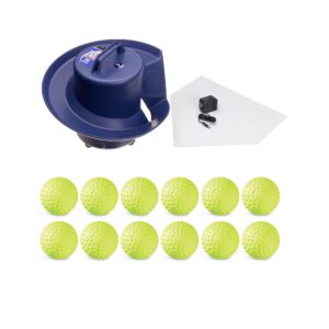 jugs toss machine with 1-dozen sting-free game-ball yellow dimpled softballs, holds up to 10 softballs, tosses one ball every 5 seconds, rechargeable, runs up to 8 hours