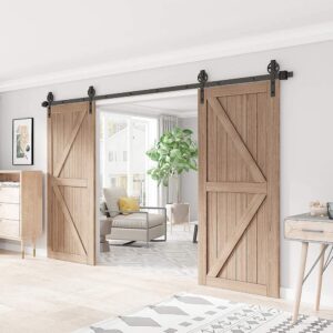 WINSOON 11FT Wood Double Sliding Barn Door Hardware Basic Black Big Spoke Wheel Roller Kit with 2PCS 12 Inch Sliding Barn Door Handles Black Hardware with Pull and Flush Barn Door Handle Set