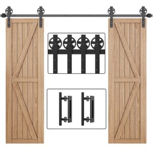 winsoon 11ft wood double sliding barn door hardware basic black big spoke wheel roller kit with 2pcs 12 inch sliding barn door handles black hardware with pull and flush barn door handle set