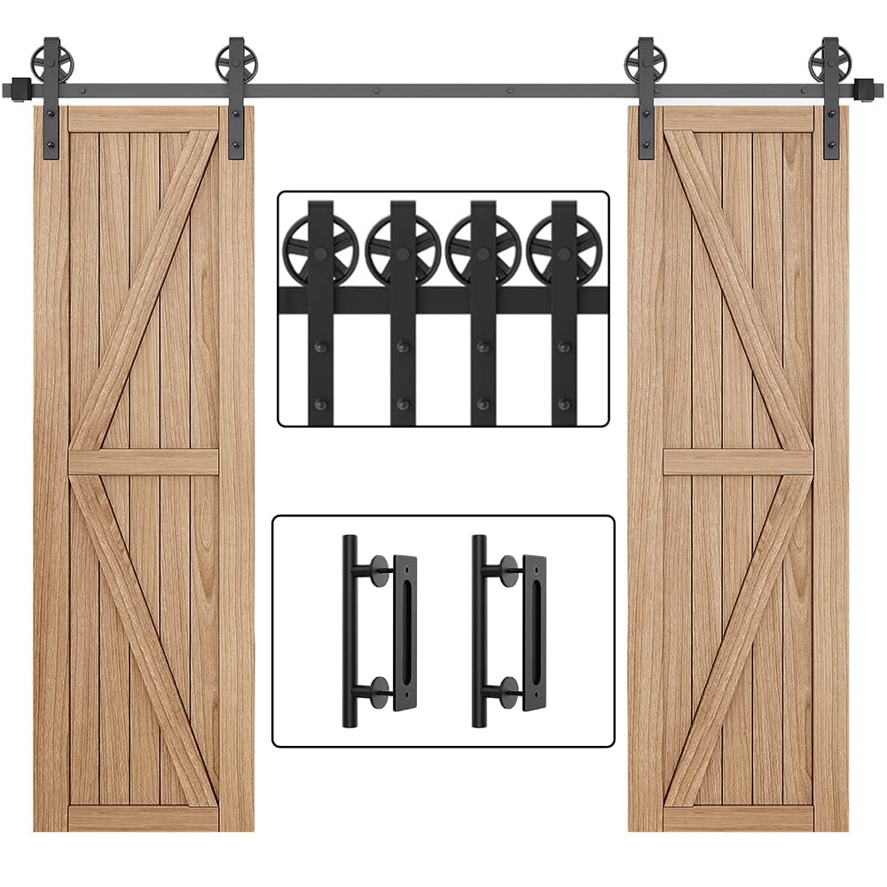 WINSOON 11FT Wood Double Sliding Barn Door Hardware Basic Black Big Spoke Wheel Roller Kit with 2PCS 12 Inch Sliding Barn Door Handles Black Hardware with Pull and Flush Barn Door Handle Set