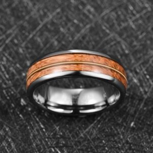 Corato 8mm Guitar Strings Rings Silver Tungsten Wedding Engagement Band Barrel Wood Inlay Size 12