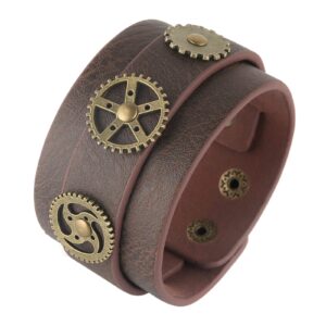 hzman steampunk alloy gear leather wristbands for men women bracelets cuff bangle jewelry brown adjustable