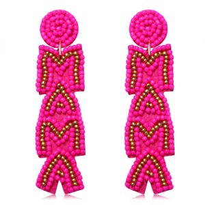 boderier mother's day beaded earrings long rhinestone mama beaded drop earrings mother's gift (hot pink)