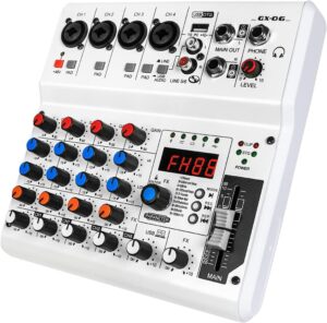 6-channel audio mixer with 99 sound effects for pc,portable sound mixing console with bluetooth usb recording input for live streaming,podcasting,dj show