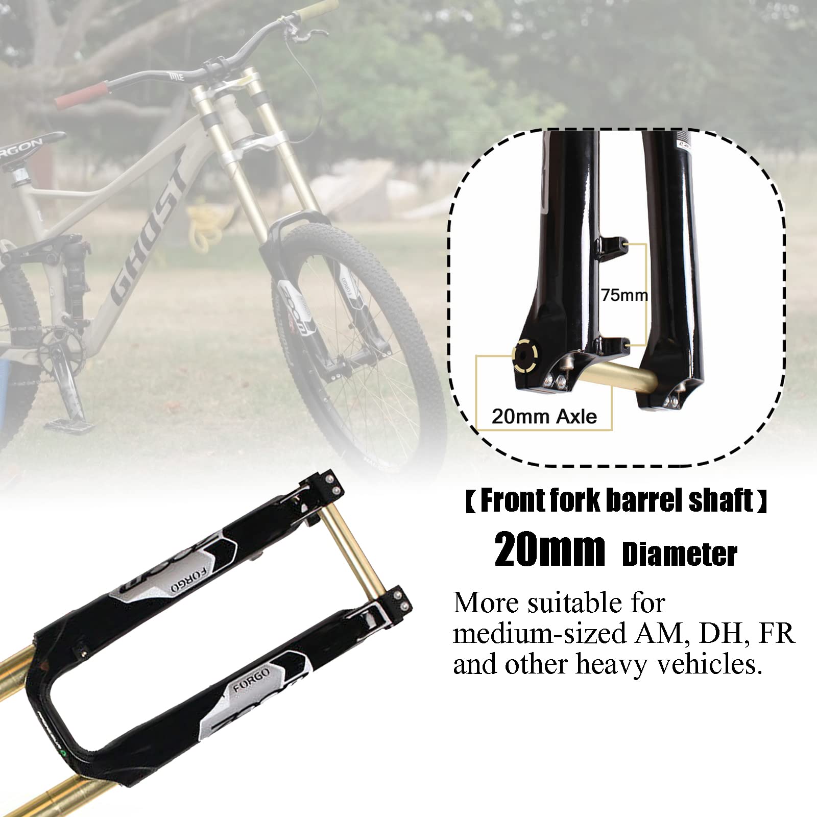 BUCKLOS 26 MTB Bike Suspension Fork 180mm Travel, Bicycle Magnesium Alloy Downhill Forks 20mm Axle, 1-1/8" Threadless Mountain Bikes Fork