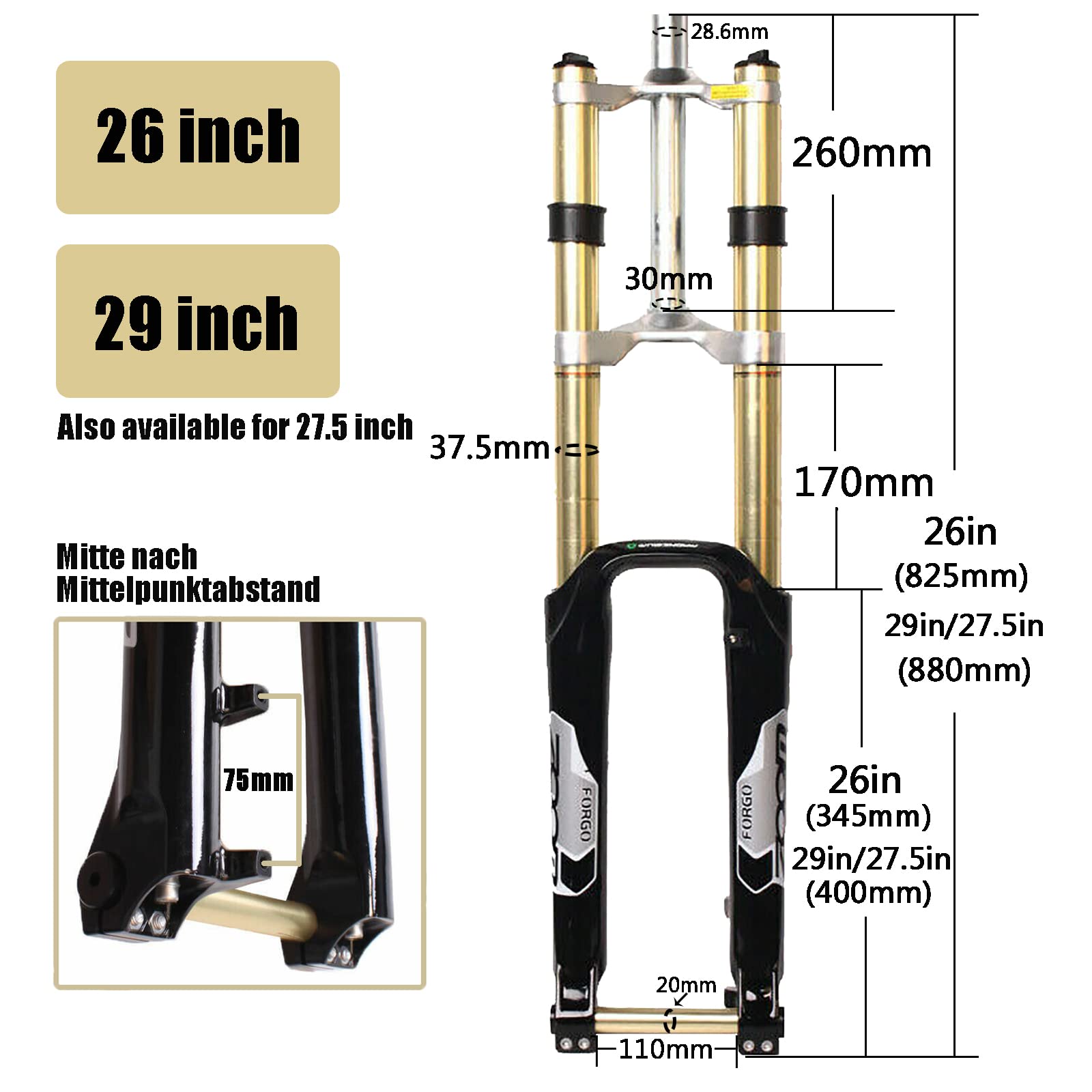 BUCKLOS 26 MTB Bike Suspension Fork 180mm Travel, Bicycle Magnesium Alloy Downhill Forks 20mm Axle, 1-1/8" Threadless Mountain Bikes Fork