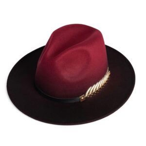 Gossifan Women Gradient Color Fedora Wide Brim Felt Panama Hat with Belt Buckle Burgundy/Black