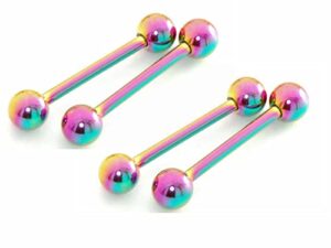 4 pc 14g 5/8inch length 5mm balls rainbow titanium tongue ring, nipple barbells, titanium,rainbow