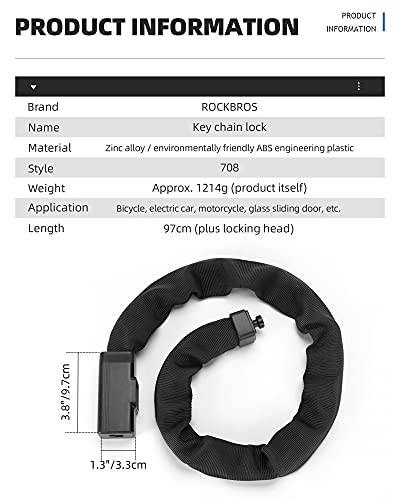 ROCKBROS Bike Chain Lock 3.18ft Heavy Duty Motorcycle Chain Locks 8mm Thick Anti-Theft Security Bicycle Lock with 2 Keys for Mountain Road Electric Bike, Motorcycles, Scooter, Door, Gates