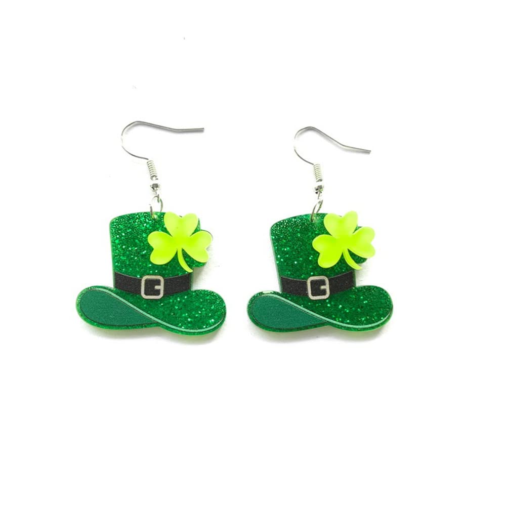 Pingyongchang St Patrick's Day Earrings Green Hat Irish Shamrock Clover Acrylic Dangle Drop Earrings for Women Holiday Jewelry Gift-B