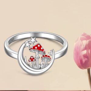 Fenthring Sterling Silver Mushroom Ring Moon Red Magic Mushroom Rings for Women Celestial Band Mushrooms Jewelry Size 9