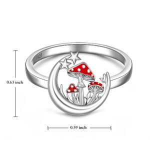 Fenthring Sterling Silver Mushroom Ring Moon Red Magic Mushroom Rings for Women Celestial Band Mushrooms Jewelry Size 9