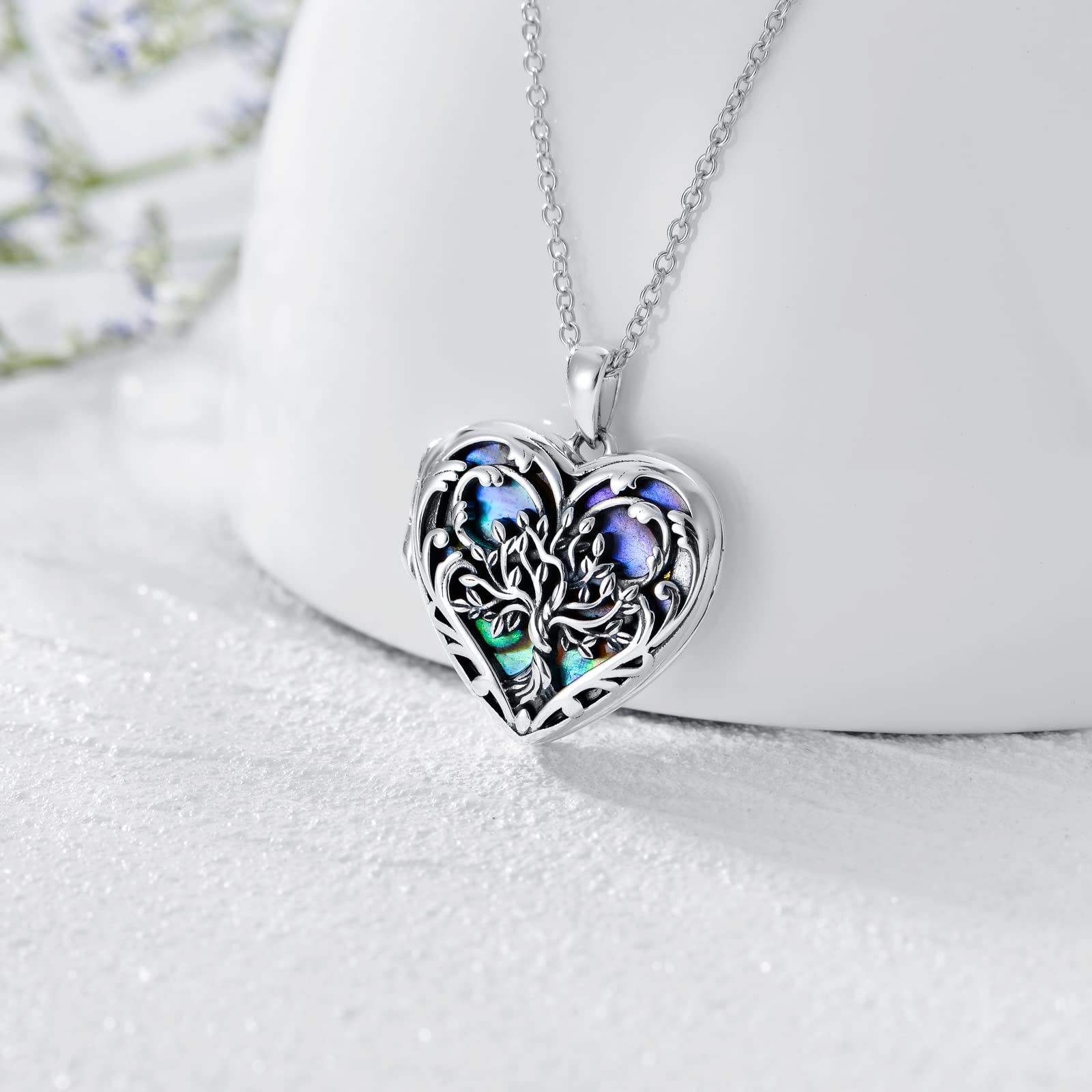 SOULMEET Personalized Silver Tree of Life Locket Abalone Shell Heart Locket Necklace That Holds Picture Custom Any Photo Letters Engraving (Custom Photo & Text)