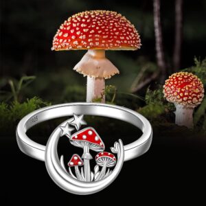 Fenthring Sterling Silver Mushroom Ring Moon Red Magic Mushroom Rings for Women Celestial Band Mushrooms Jewelry Size 9