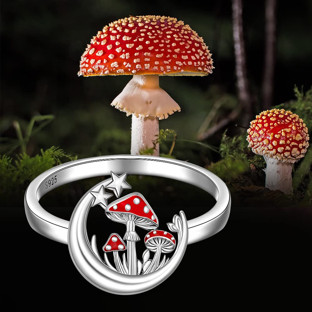 Fenthring Sterling Silver Mushroom Ring Moon Red Magic Mushroom Rings for Women Celestial Band Mushrooms Jewelry Size 9