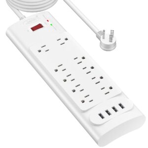 power strip, bototek surge protector with 10 ac outlets and 4 usb ports,1875w/15a, 2100 joules, 10 feet long extension cord for home, office, dorm essentials, 2100 joules, etl listed- white