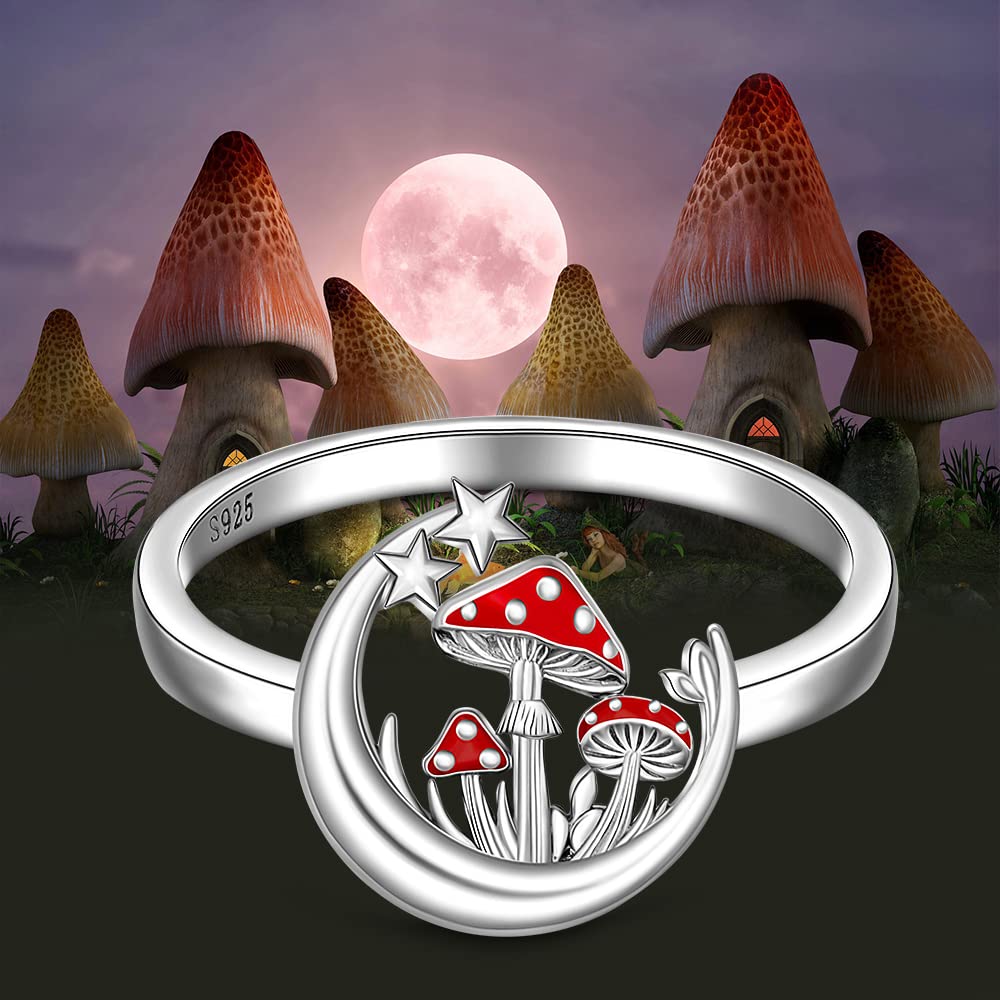 Fenthring Sterling Silver Mushroom Ring Moon Red Magic Mushroom Rings for Women Celestial Band Mushrooms Jewelry Size 9