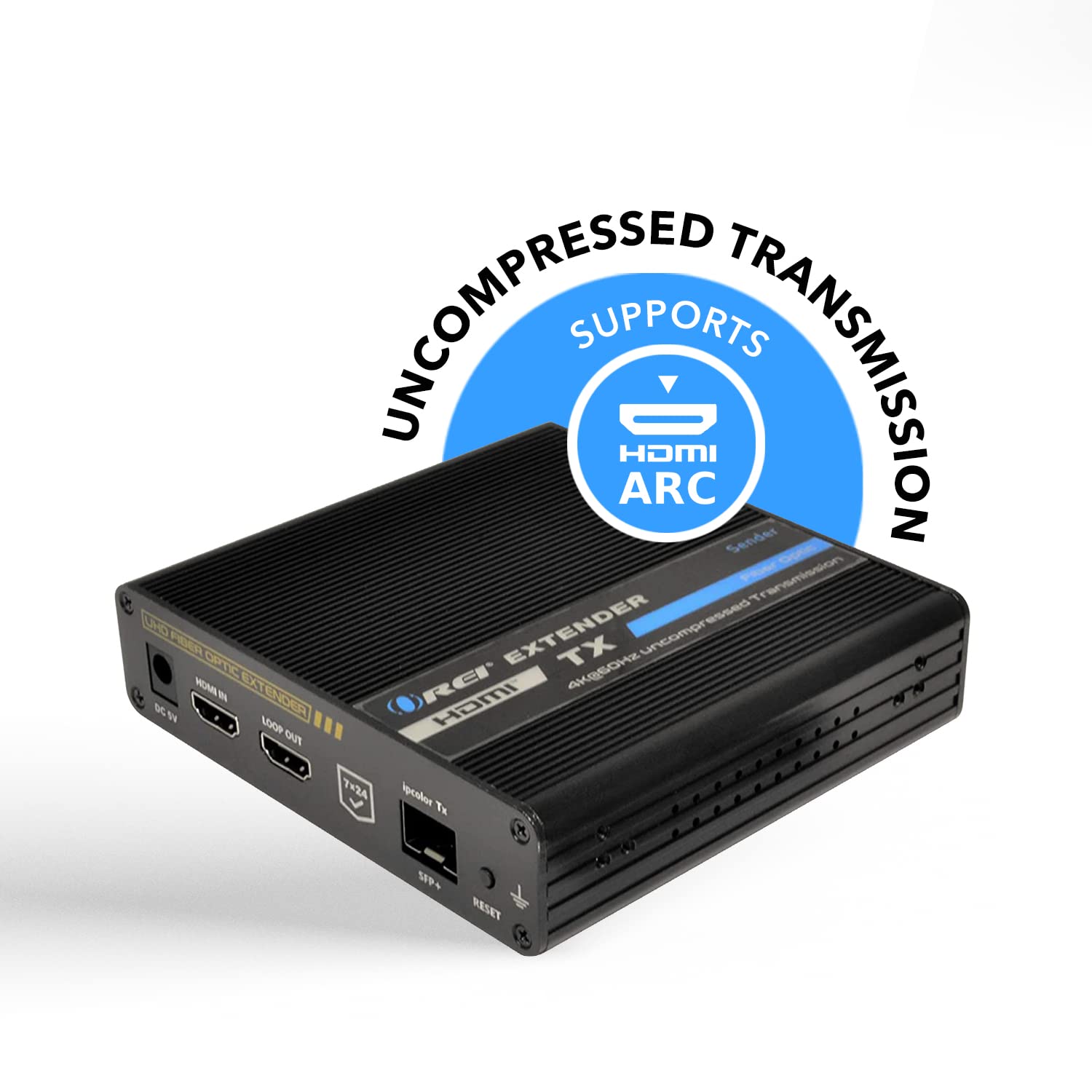 OREI 4K HDMI Extender Balun, Transmitter Only Over Fiber Optic Cable UltraHD 4K @ 60Hz 4:4:4 DR, CEC, ARC & IR Support, RS-232 SFP+ LR - Up to 40 KM - ARC Audio Out One to Many Optical Audio Out