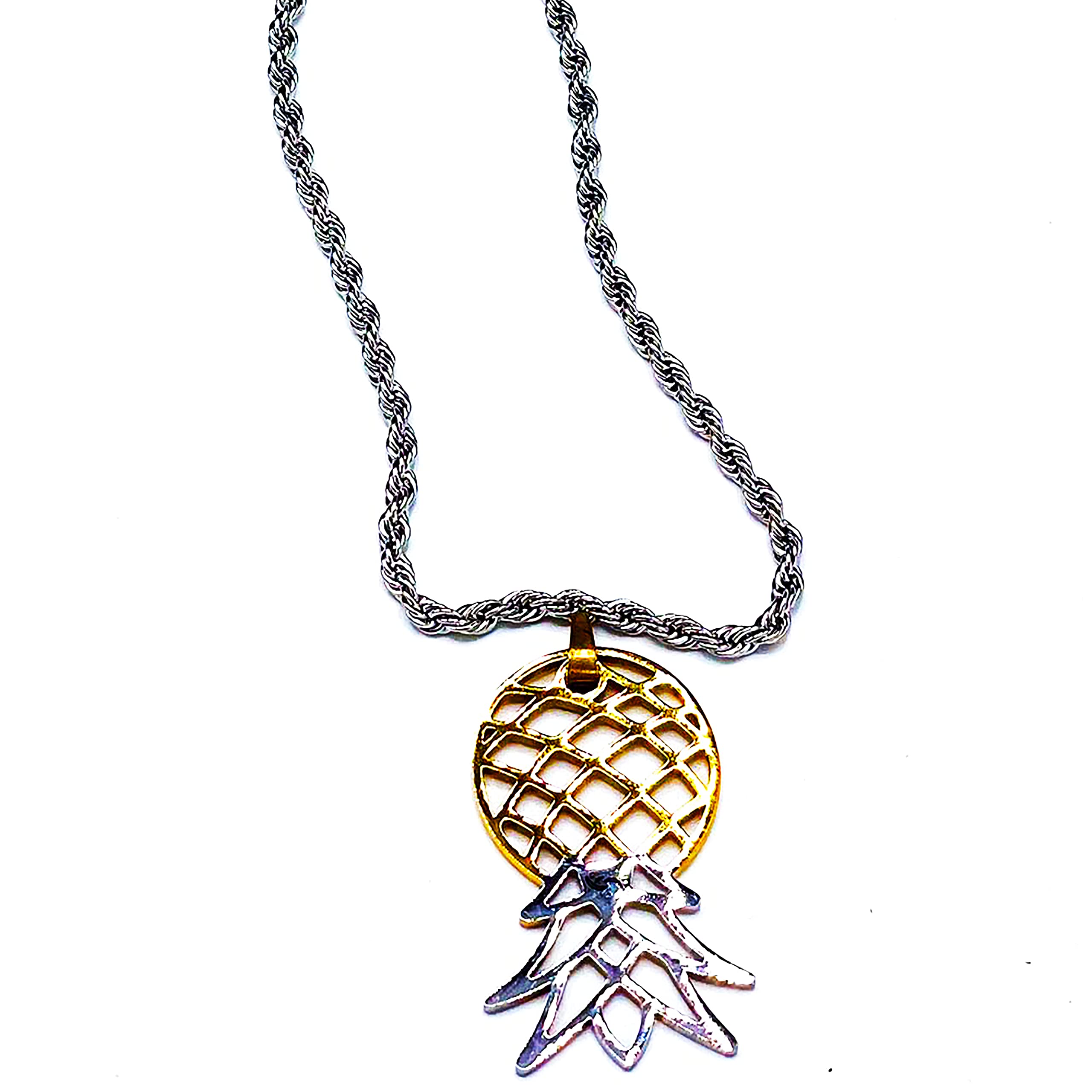 Partners ID Upside Down Pineapple Charm Necklace Chain, Durable Stainless Steel, 18" Silver Rope