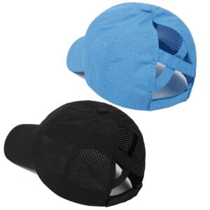 muryobao 2 packs womens criss cross ponytail baseball cap adjustable high messy bun ponycap quick drying mesh dad hat for outdoor sports travel black & blue