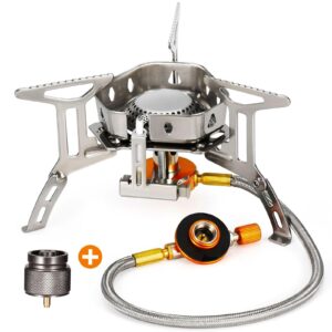 portable backpacking stove with piezo ignition windproof camping gas stove camp stove foldable burner with propane canister adapter for outdoor camping hiking picnic