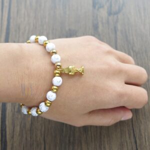 12 PCS First Communion Stretch Pearl Bracelet with Gold Metal Chalice and Cross Charms/Recuerdos para Primera Comunion